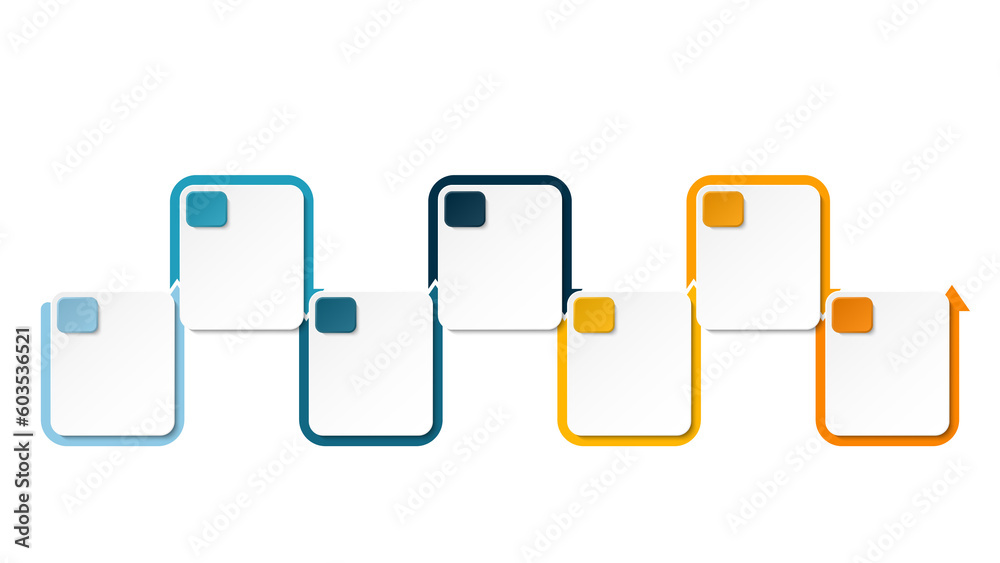 Horizontal timeline or flowchart with seven square elements and space ...
