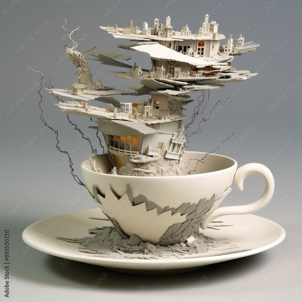 A tea cup with a model of a house on top of it. Generative AI. Weird ...