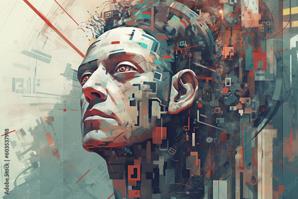 A digital painting of a man's face, deconstructivism, distorted lines ...