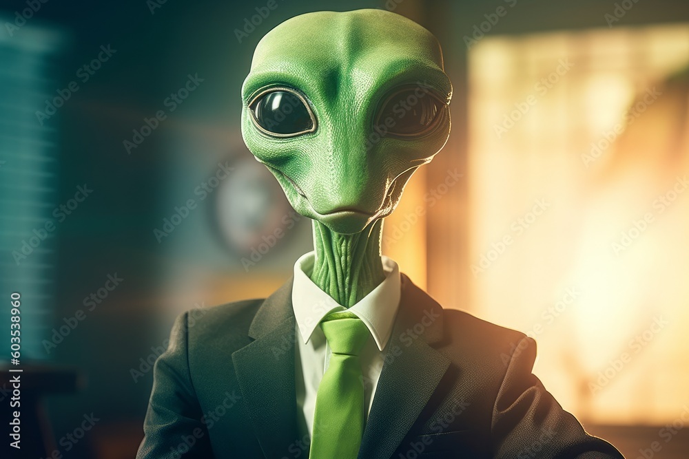 The alien works in the office. Background with selective focus. AI ...