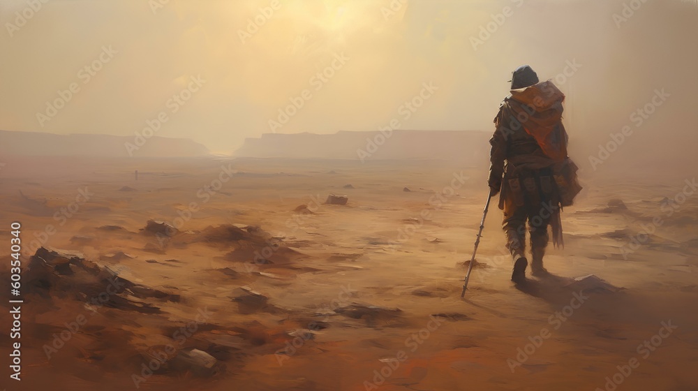 an extinct world. a solitary wanderer wandering the wasteland. concept ...