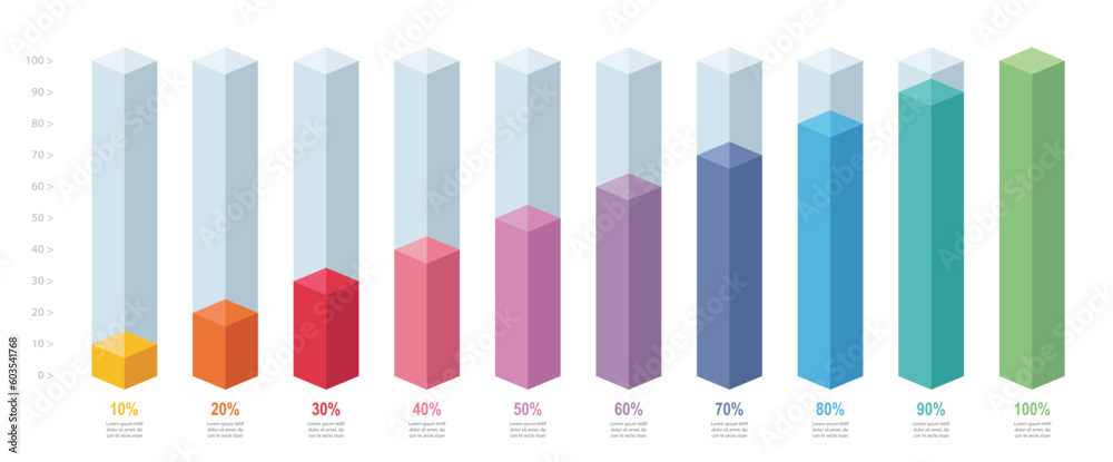 Colorful slim chart bars set scheme template, 10% to 100% number text ...