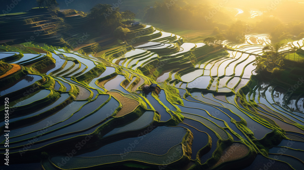 Aerial view of green rice paddy field farming cultivation in ...