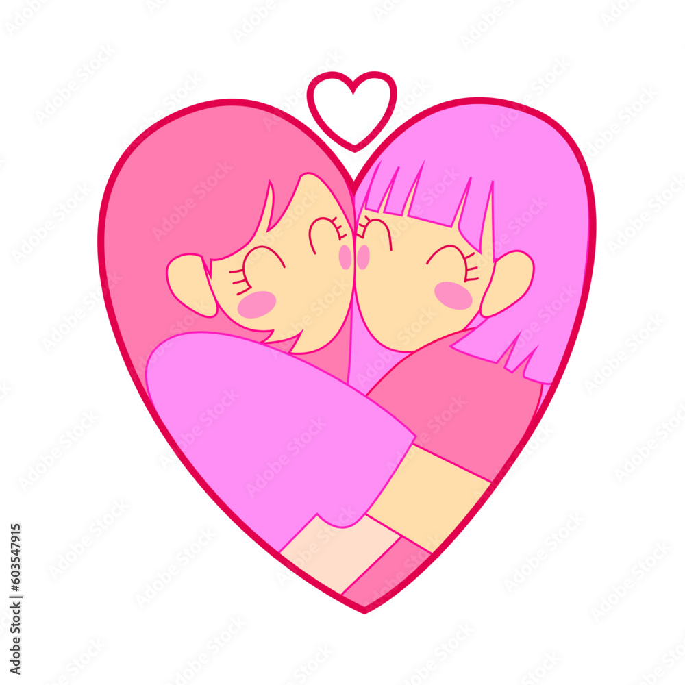 Dibujo de dos mujeres abrazándose formando un corazón con un corazón pequeño arriba. Vectores y ...