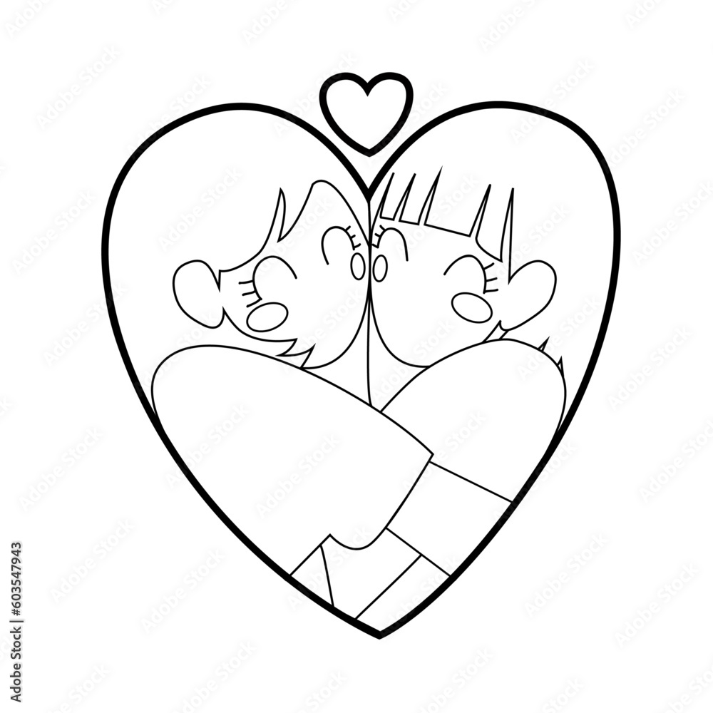 Dibujo De Línea De Vectores De Dos Mujeres Abrazándose Formando Un