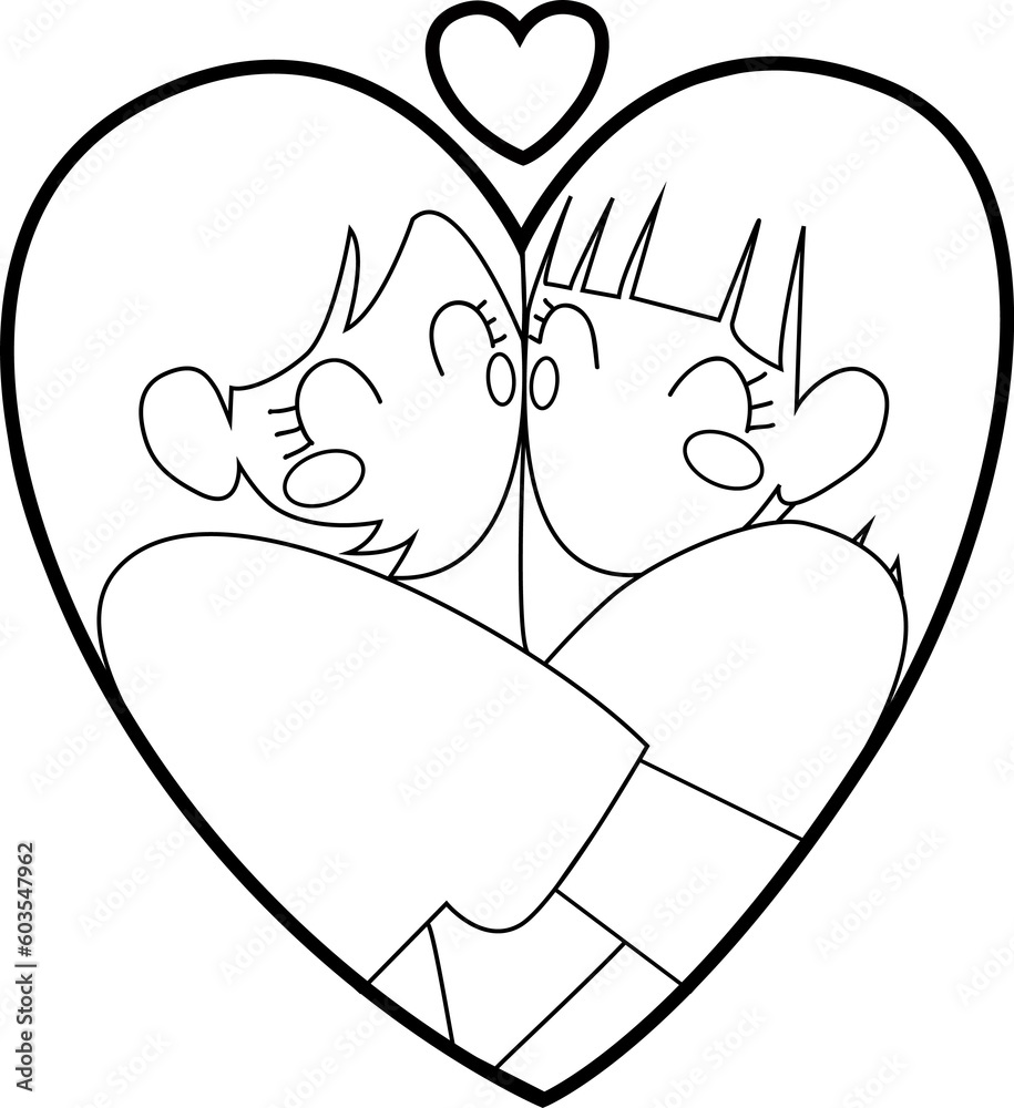 Dibujo de línea de dos mujeres abrazándose formando un corazón con un corazón pequeño arriba ...