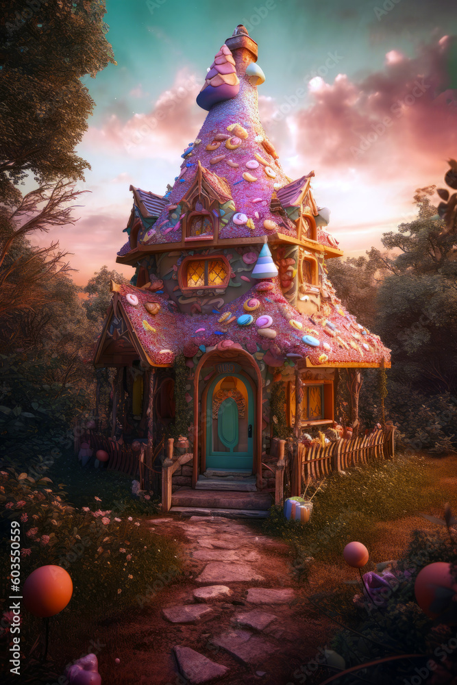 Digital illustration of a fantasy candy house, fairy tale sweet cottage ...