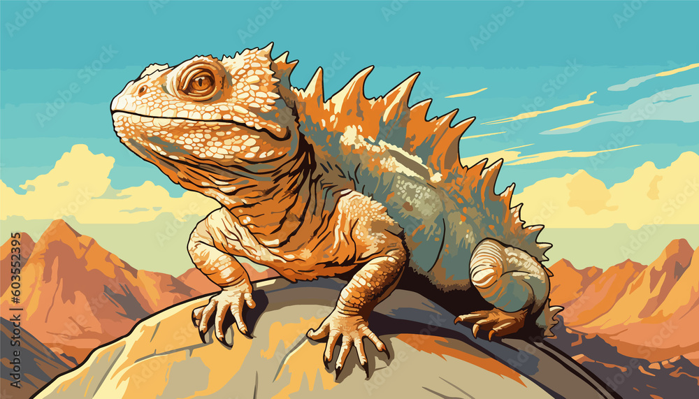 horned lizard with mountains in the background, an illustration of a ...
