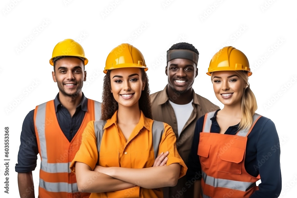 Multi Ethnic group of construction workers young people happy smile ...