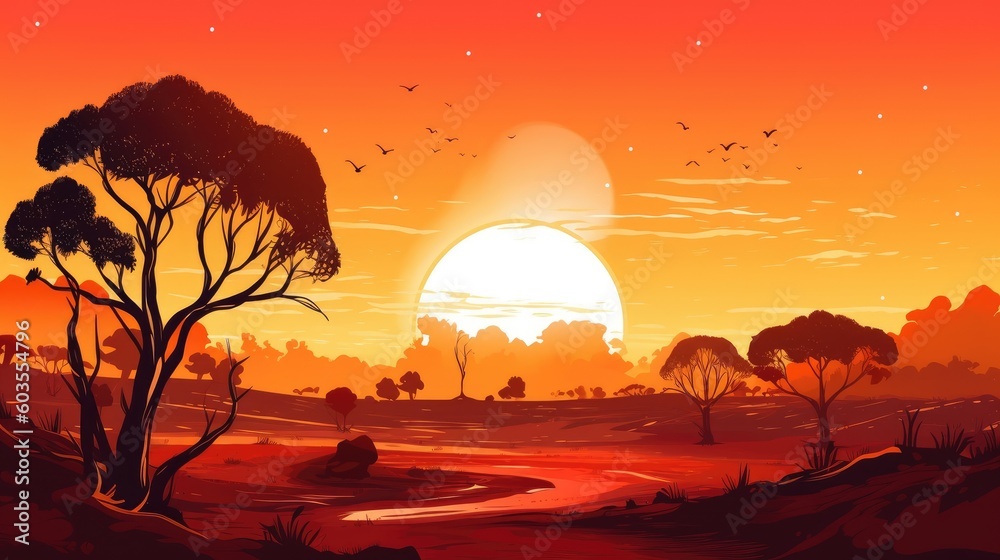 Outback Australia landscape silhouette down under, red sandy desert ...