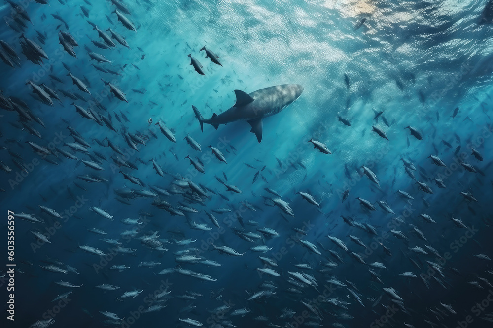aerial top down view on ocean, shark swimming in big team of small ...