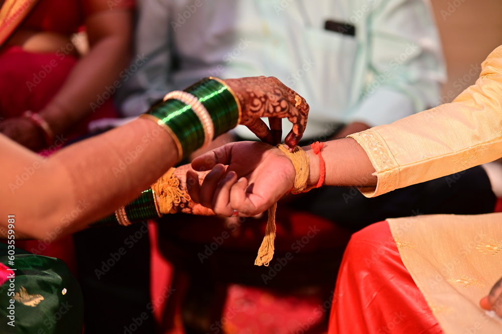 Kanyaadan Ceremony. Bride Wearing Turmeric Thread on a Groom hand ...