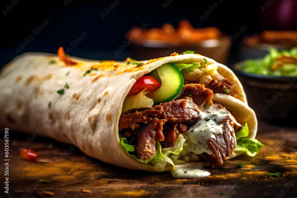 gyros shawarma kebab with sauce chicken/meat wrap kebab with vegetables ...
