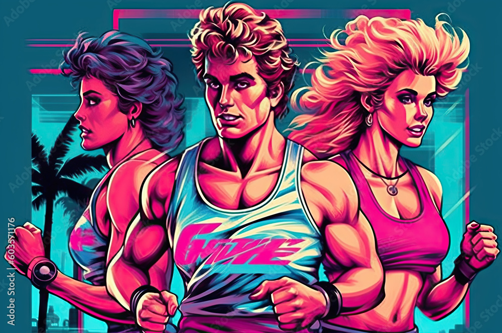 80s 90s retro style people ready to exercise created with Generative AI ...