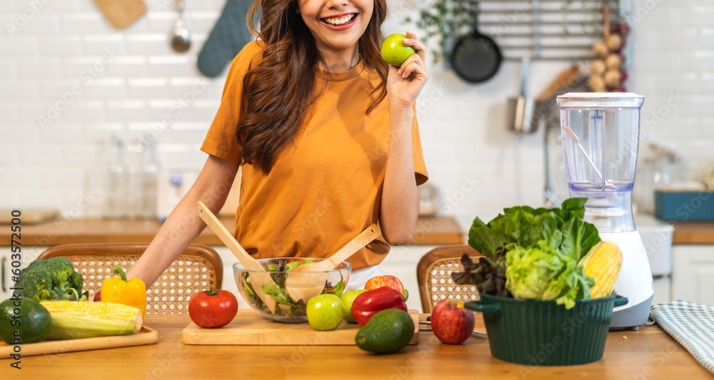 Portrait of beauty body slim healthy asian woman big smile cooking and ...