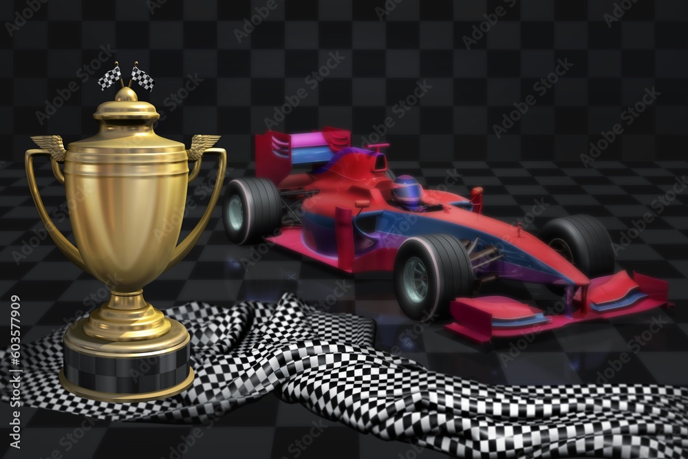 3D illustration of a gold metal racing cup trophy set against a ...