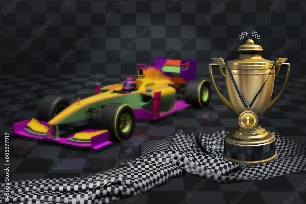 3D illustration of a gold metal racing cup trophy and medal, set ...