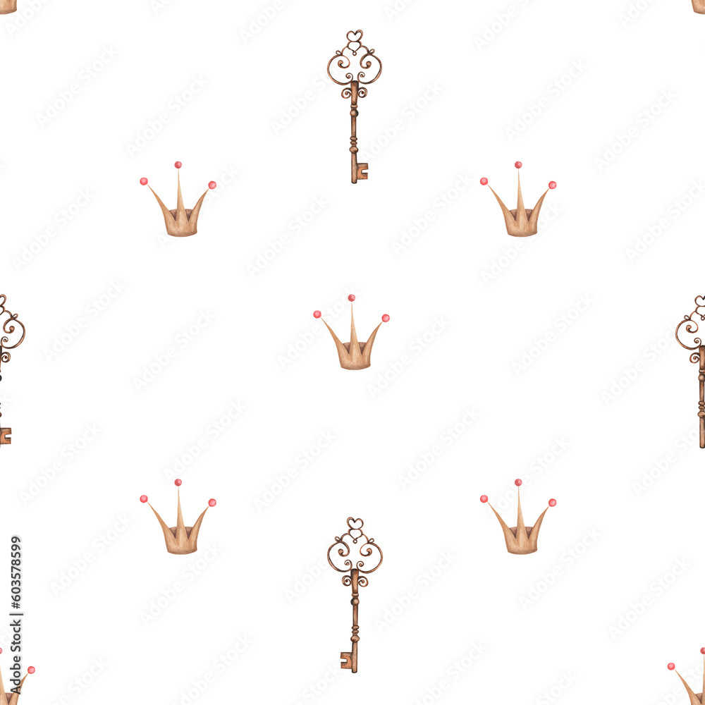 seamless watercolor pattern vintage keys and princess crown on a on a ...