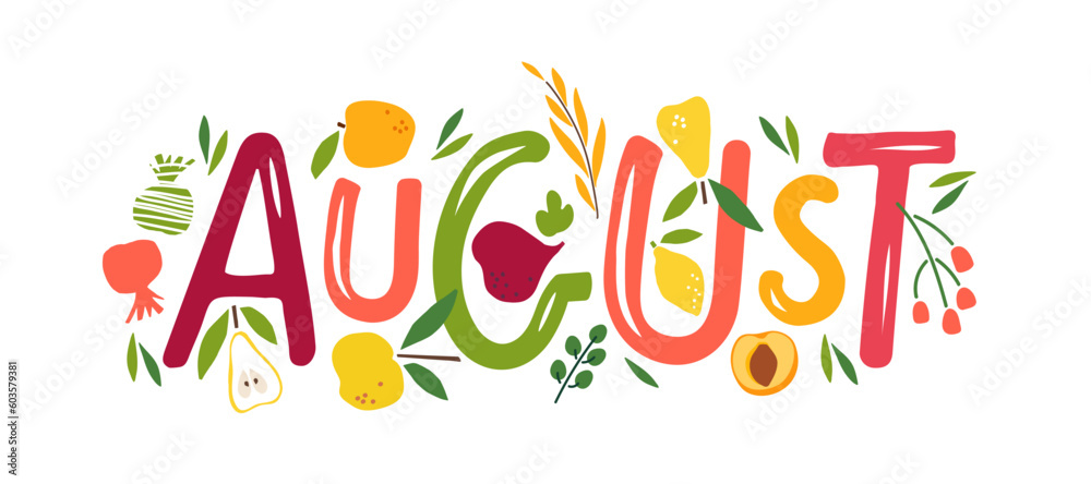 Vecteur Stock Hand drawn lettering word August. Text with plant summer ...