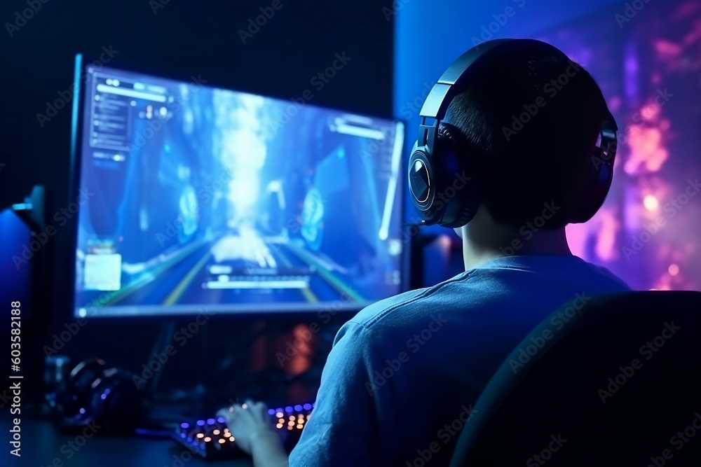 Back view of man wearing headphones and playing video game on monitor ...