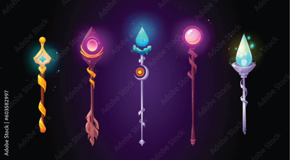 Set of magic power staffs isolated on background. Vector cartoon ...