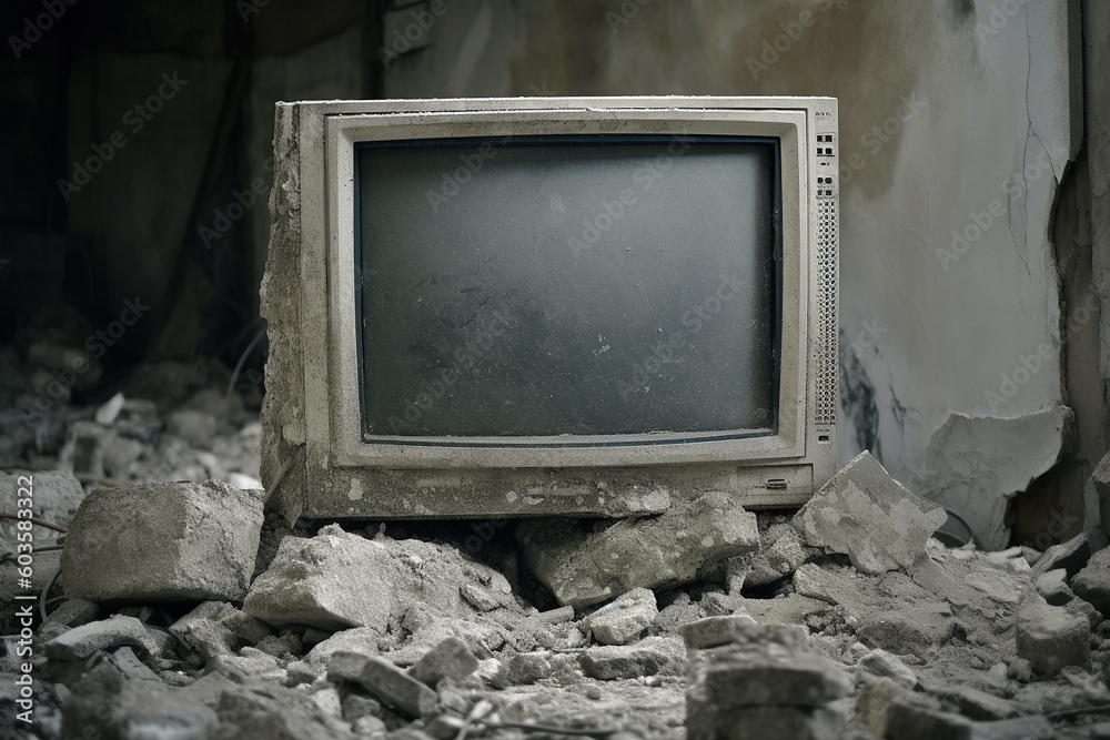 An old broken TV set on a broken concrete filled ground - Generative AI ...