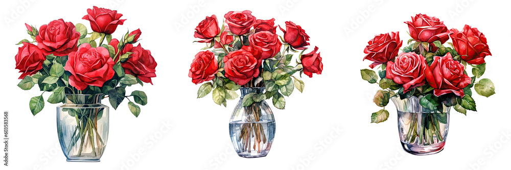 Watercolor Red roses in glass vase white Background ,transparent ...