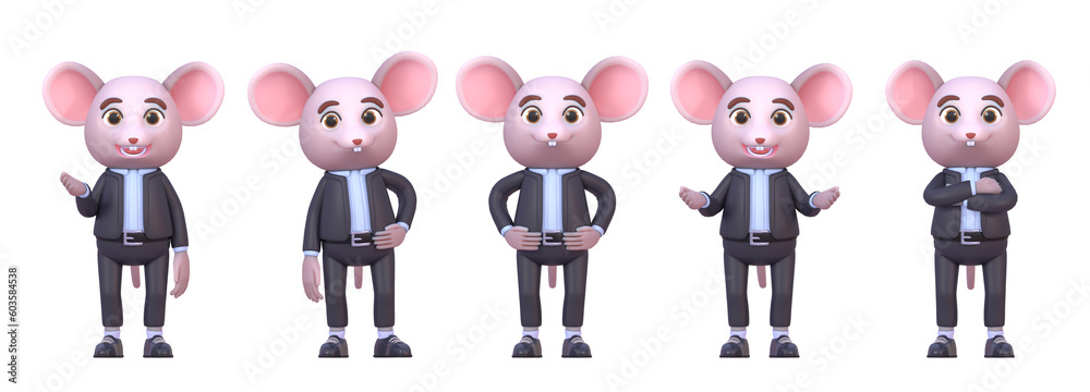 3d render of mouse or rat businessman character in suit showing various ...