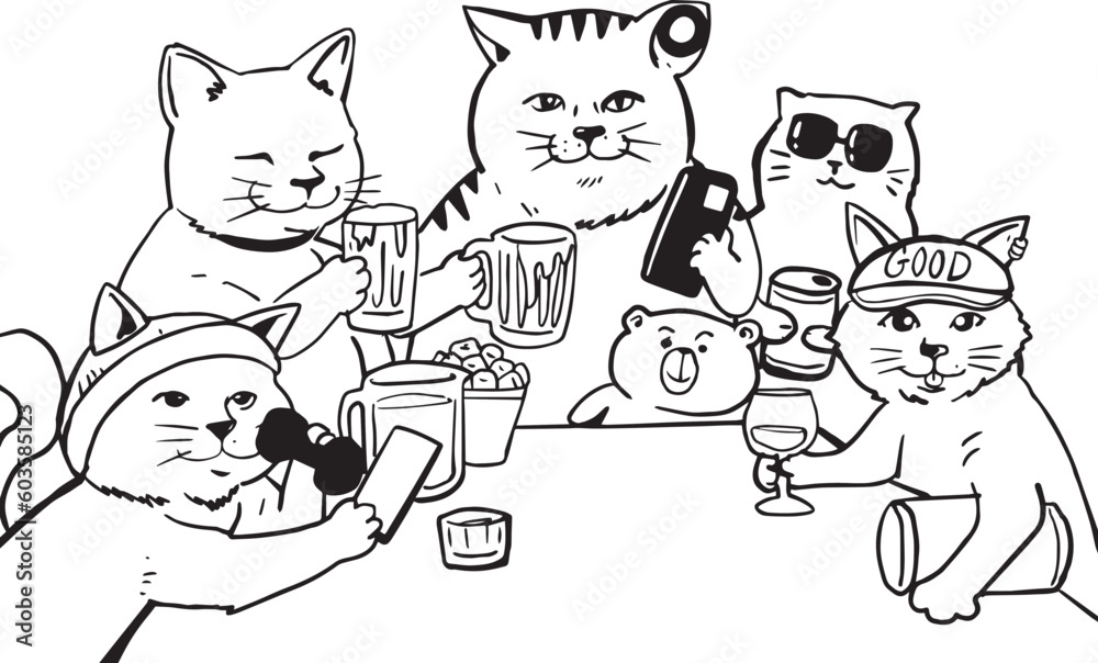 Cartoon line drawing cat joins the party for fun. Stock Vector | Adobe ...