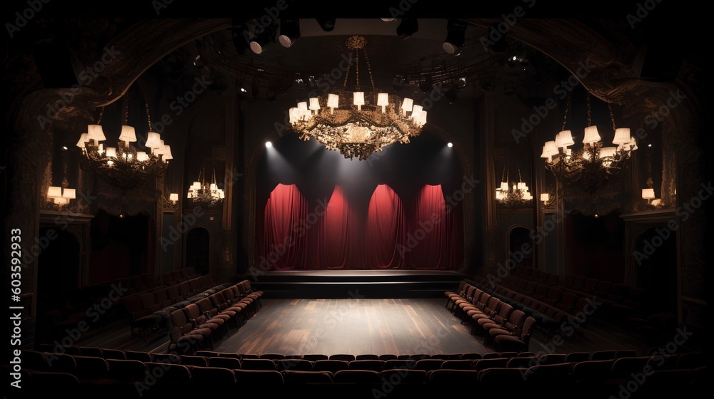 Theater stage setup complete with theatrical lighting. The dramatic ...