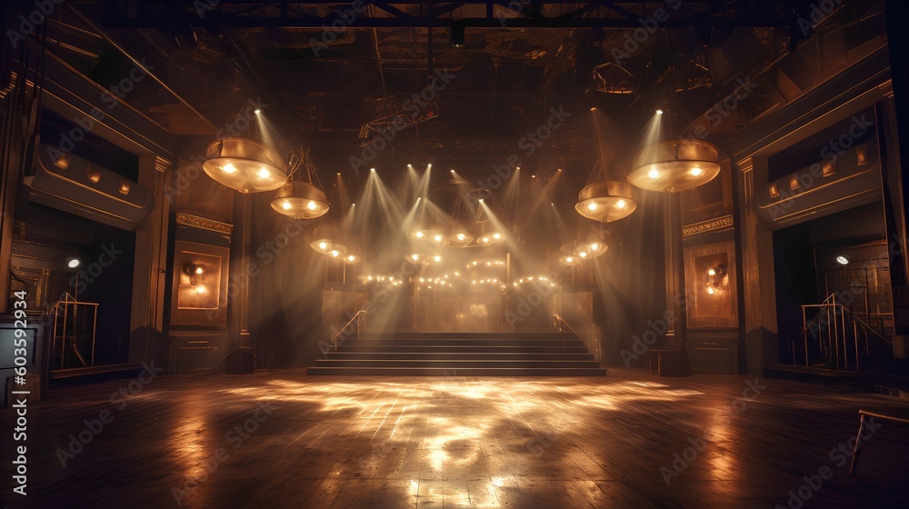 Theater stage setup complete with theatrical lighting. The dramatic ...