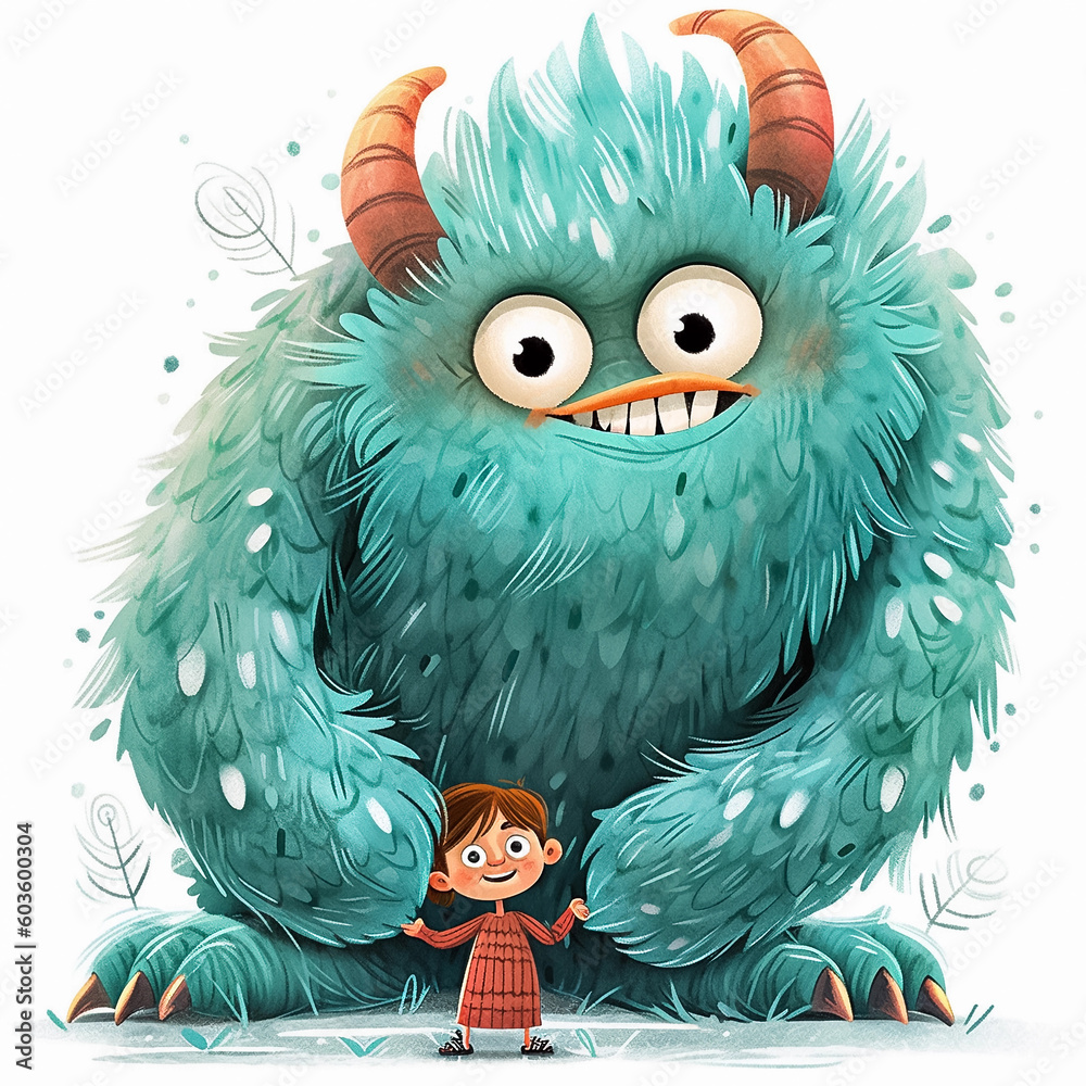 Cartoon scene with happy little girl and funny big monster. Generative ...