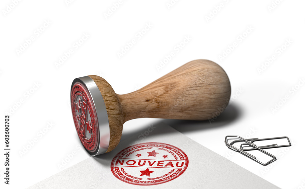 Tampon nouveau imprimé sur une feuille de papier posée sur un fond ...