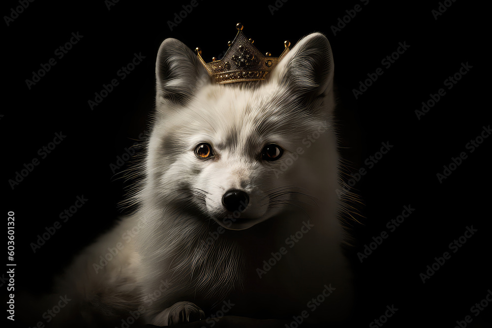 Beautiful Arctic Fox In Gold Crown On Matte Black Background ...