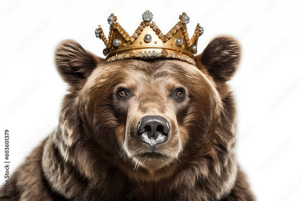Beautiful Grizzly Bear In Gold Crown On White Background. Generative AI ...