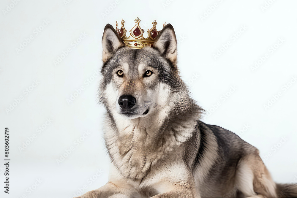 Beautiful Wolf In Gold Crown On White Background. Generative AI Stock ...