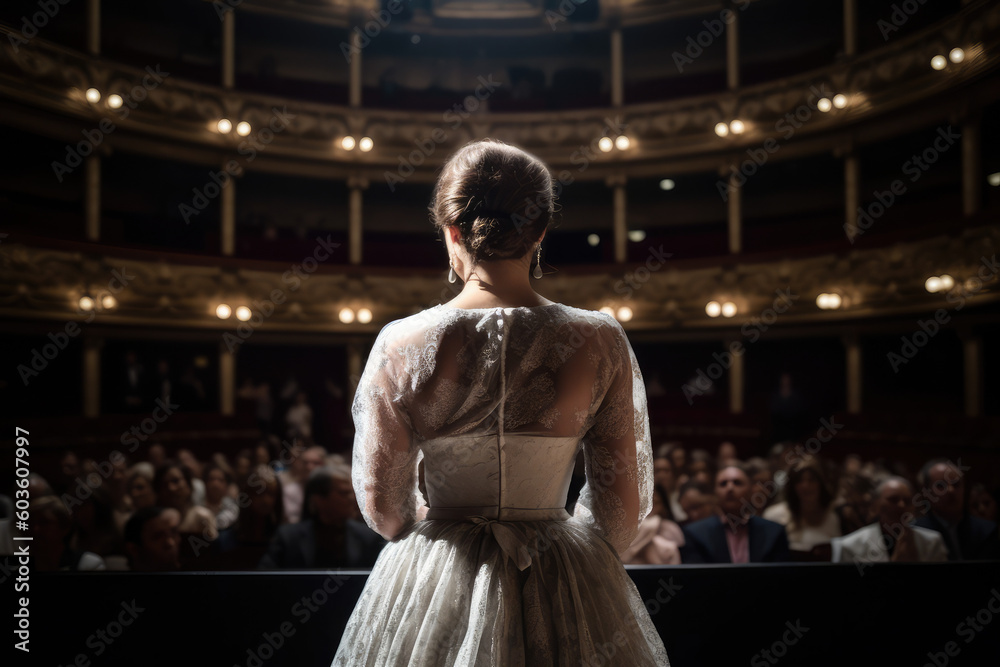 female opera singer soprano looking at the audience in the opera house ...