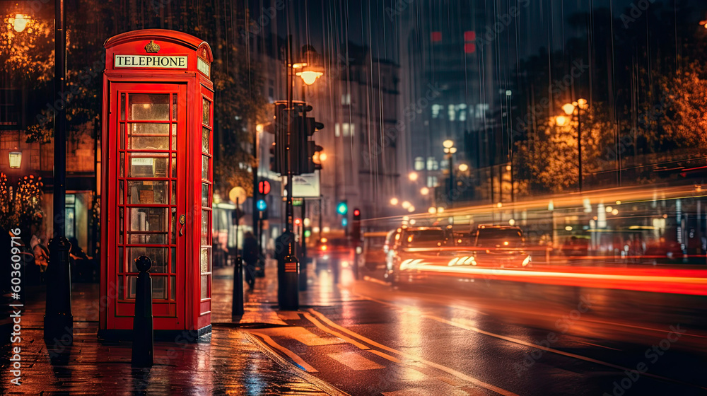 London streetscape at night. City blurred lights reflected in the wet ...