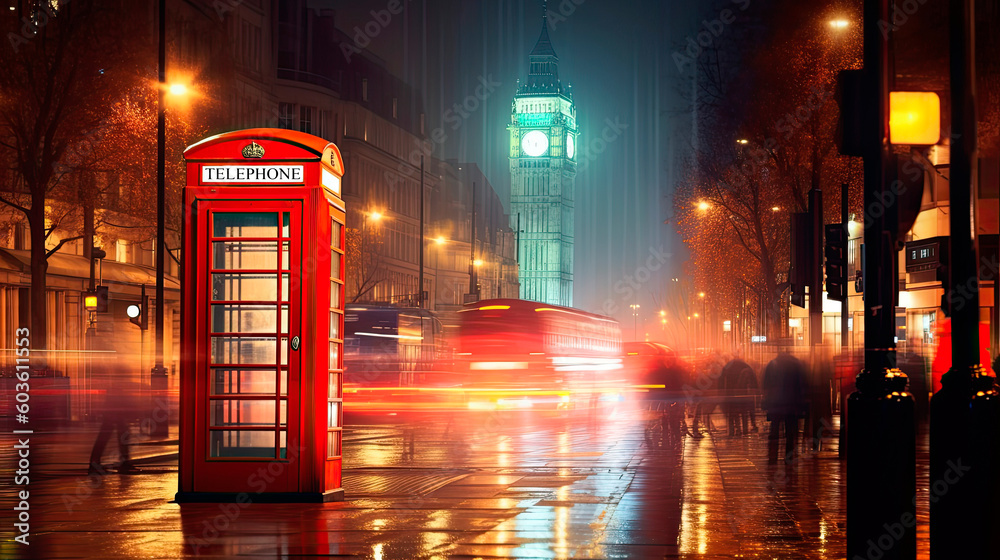 London streetscape at night. City blurred lights reflected in the wet ...