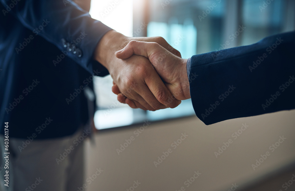 Handshake, welcome and b2b with business men in the office for ...