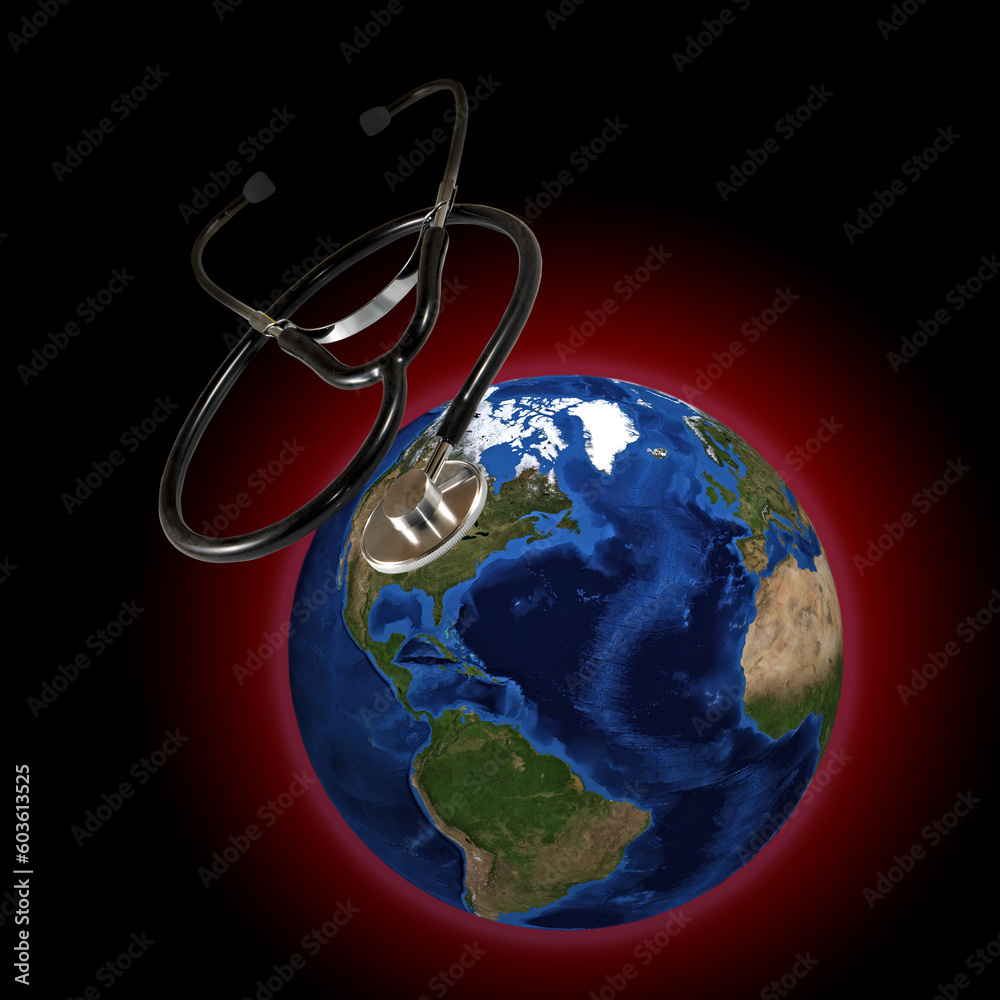 planet earth in space and a diagnostic device with a stethoscope ...