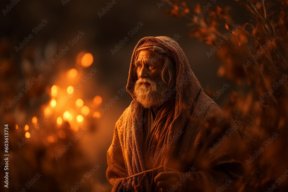 A dramatic shot of Moses standing before the burning bush, his face ...