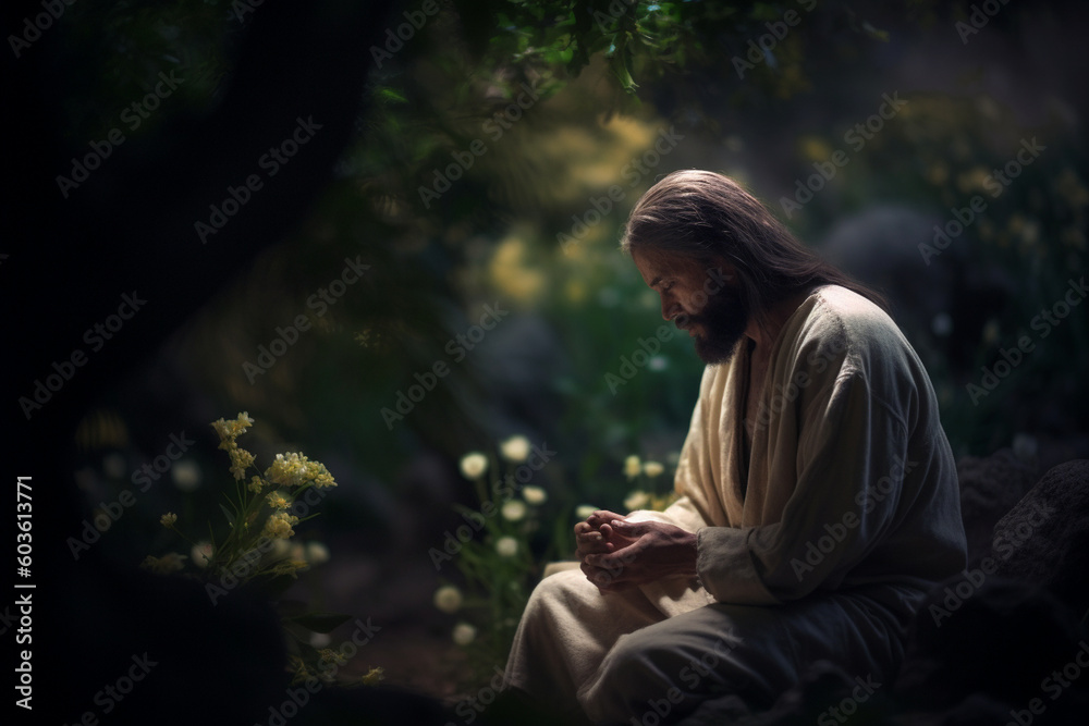 A serene and contemplative still of Jesus praying in the Garden of ...