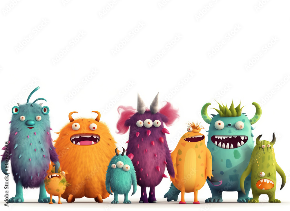 Various sizes, colors scary terrible toy monsters in a row, white ...