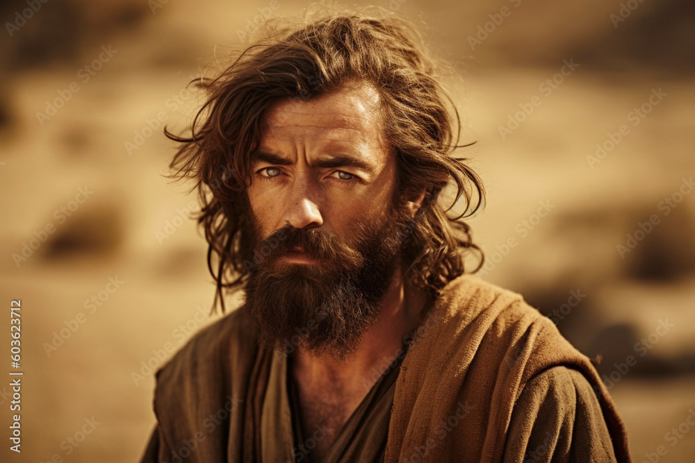 John the Baptist, the fiery preacher and prophet, with unkempt hair and a beard, dressed in ...