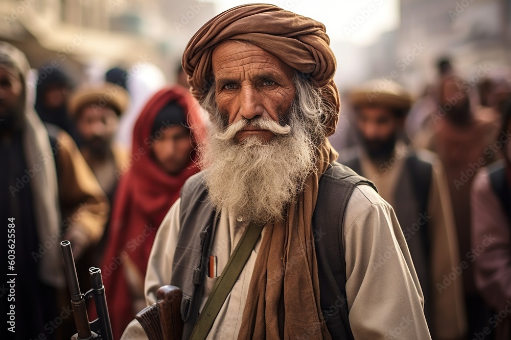 A group of talibs stands armed, their expressions steely and determined ...