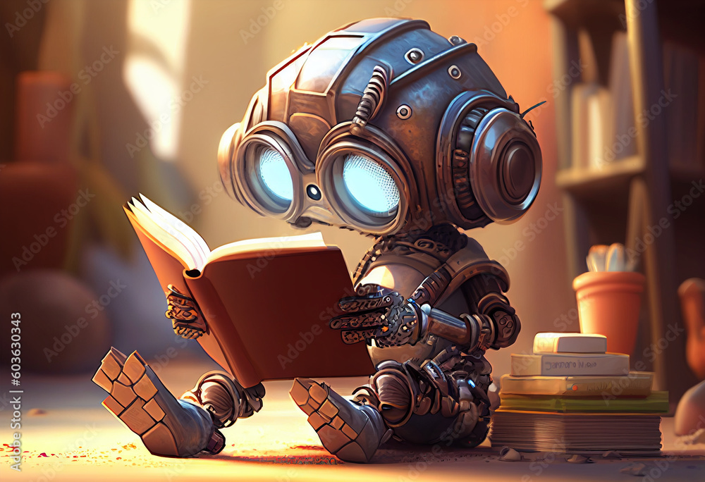 3D rendering of a little robot reading a book in a dark room generative ...