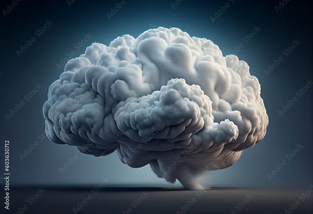 Brainstorming concept as a human brain with a stormy sky as a 3D ...