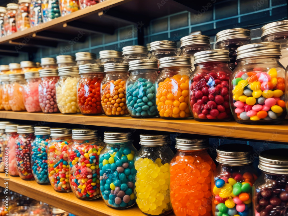 Cute hand drawn glass jars with candies and sweets. Candy bar. Candy ...