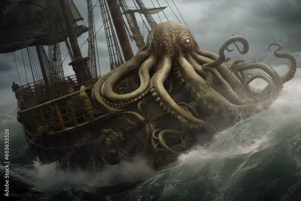 Kraken attacking ship in stormy sea - Generative AI Stock Illustration | Adobe Stock